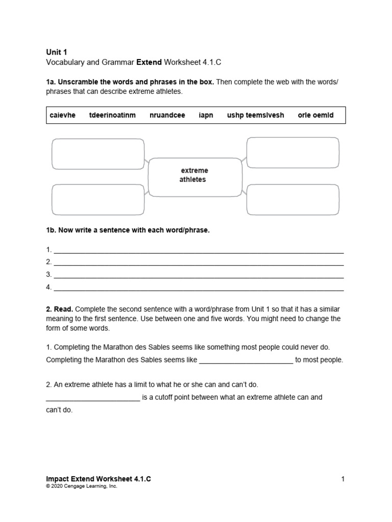 Impact 4 Unit 1 V and G Extend Worksheet 4.1.c | PDF