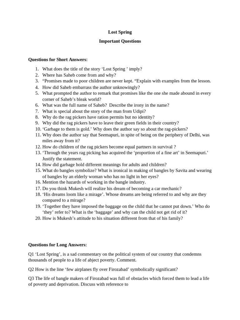 Lost Spring Questions For Discussion | PDF