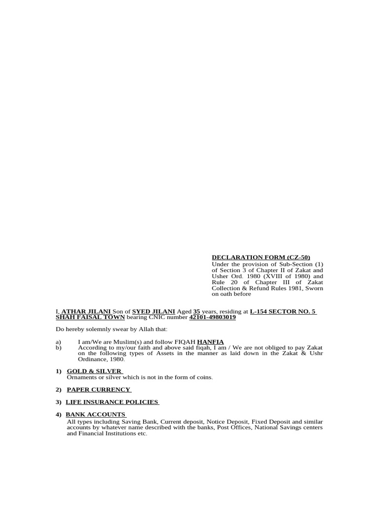 Declaration Form Cz-50 Fill | PDF | Financial Services
