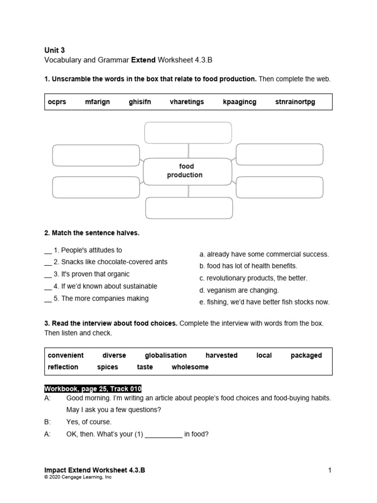 Impact 4 Unit 3 V and G Extend Worksheet 4.3.b | PDF | Foods | Cuisine
