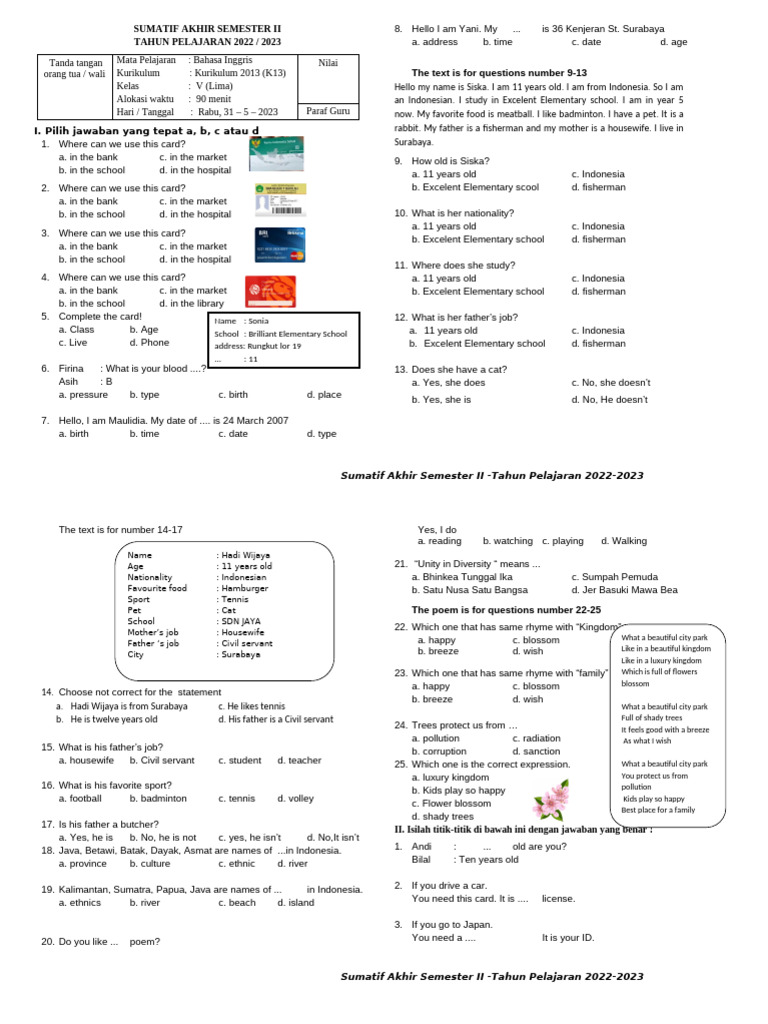 PAS BHS INGGRIS KLS 5 (Cetak 99 X 3 LBR) | PDF | Indonesia