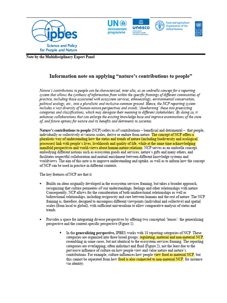 Information Notes On Applying "Nature's Contributions To People" | PDF ...
