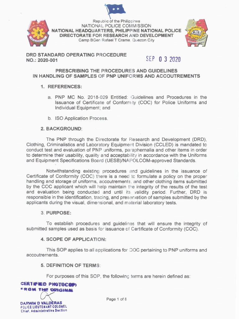 PNP DRD Standard Operating Procedure No 2020 001 | PDF