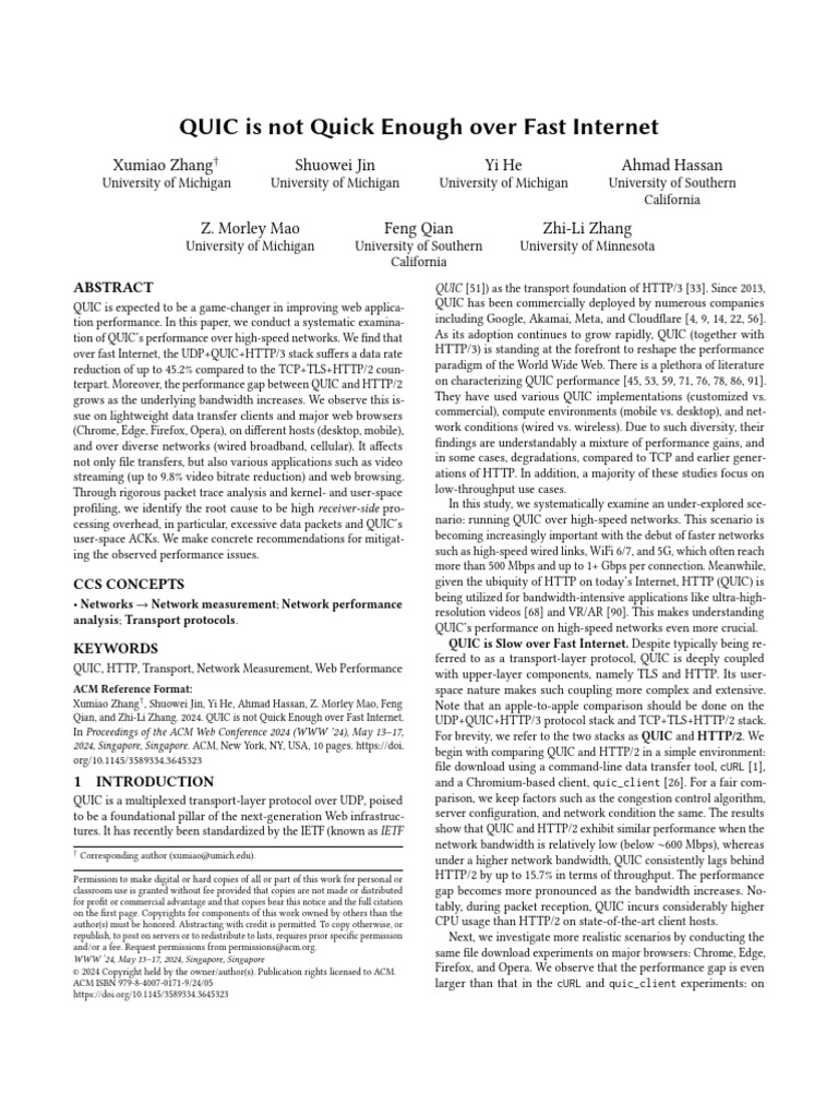 QUIC Is Not Fast Enough Over Fast Internet | PDF | Transmission Control Protocol | Computer ...