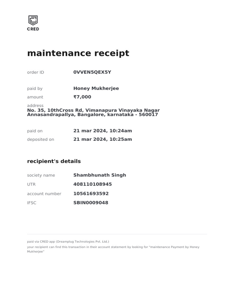 Maintenance Payment Receipt - ₹7,000 | PDF | Finance & Money Management