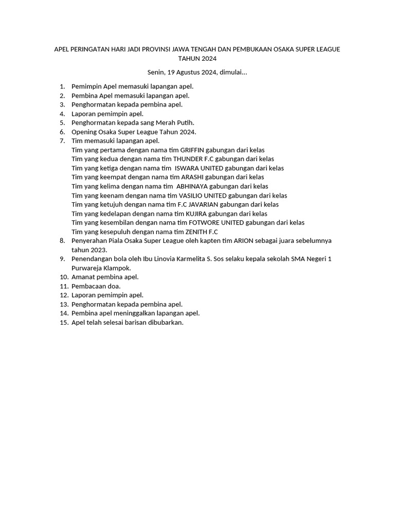 Apel Pembukaan Osl Dan Peringatan Hari Jadi Prov Jateng | PDF