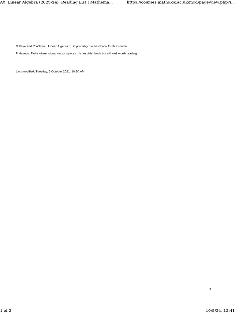 A0 - Linear Algebra (2023-24) - Reading List - Mathematical Institute | PDF