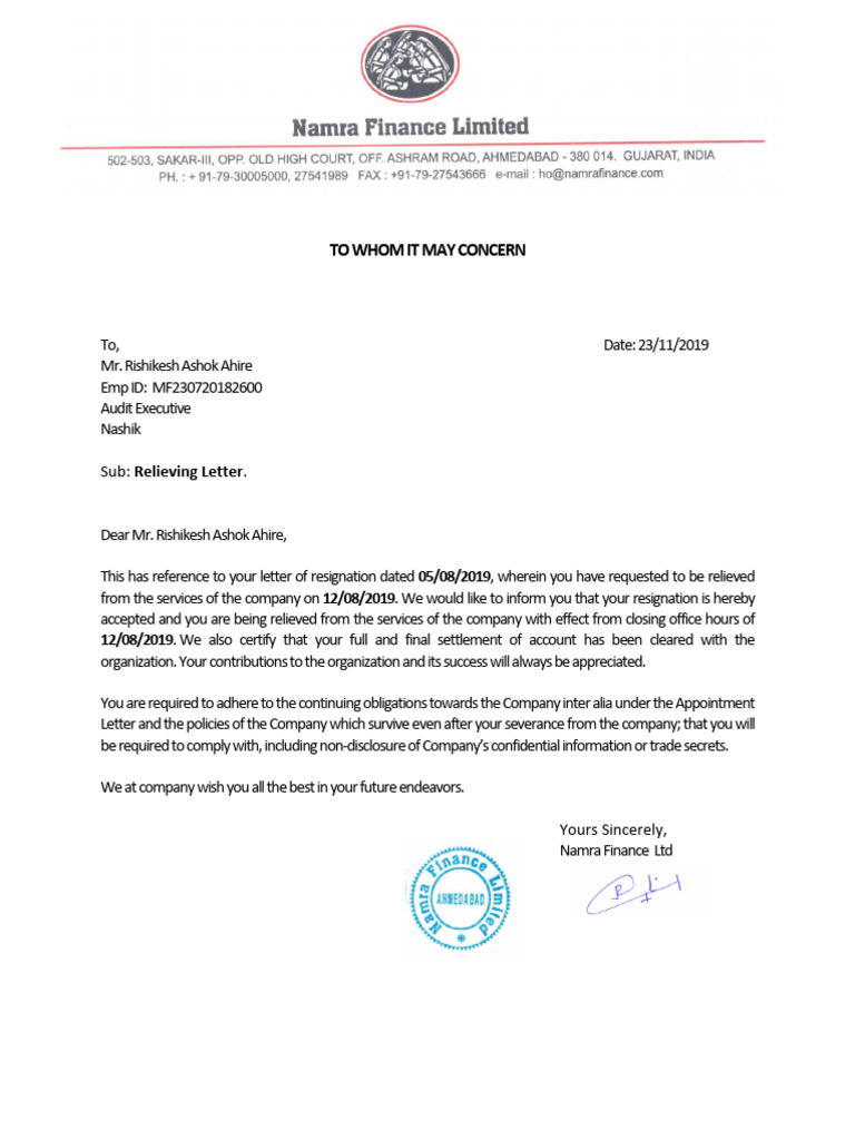 Namra Releaving Letter | PDF | Career & Growth | Business