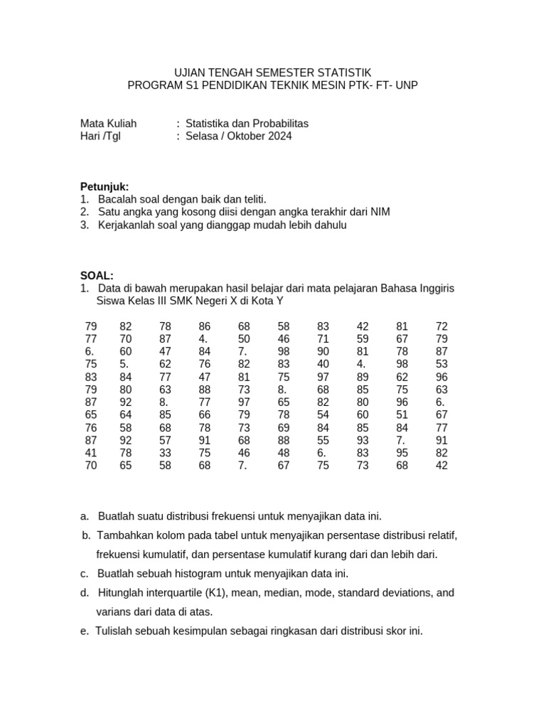 SOAL UTS Statistika & Probilitas - S1 - Okt. 2024 | PDF | Metode & Bahan Ajar | Griya & Taman