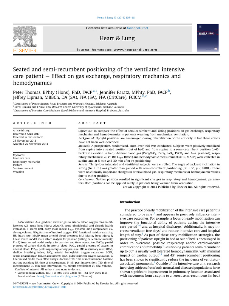 Seated and Semi-Recumbent Positioning of The Ventilated Intensive Care ...