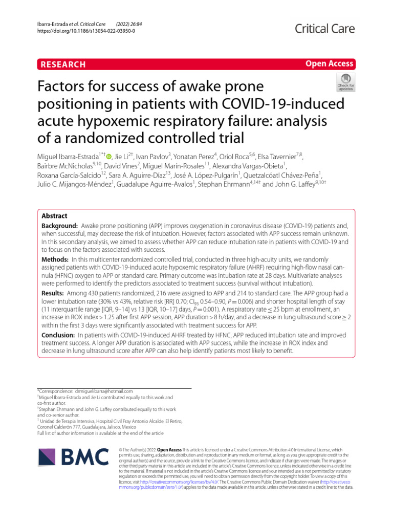 Factors For Success of Awake Prone Positioning in Patients With COVID ...