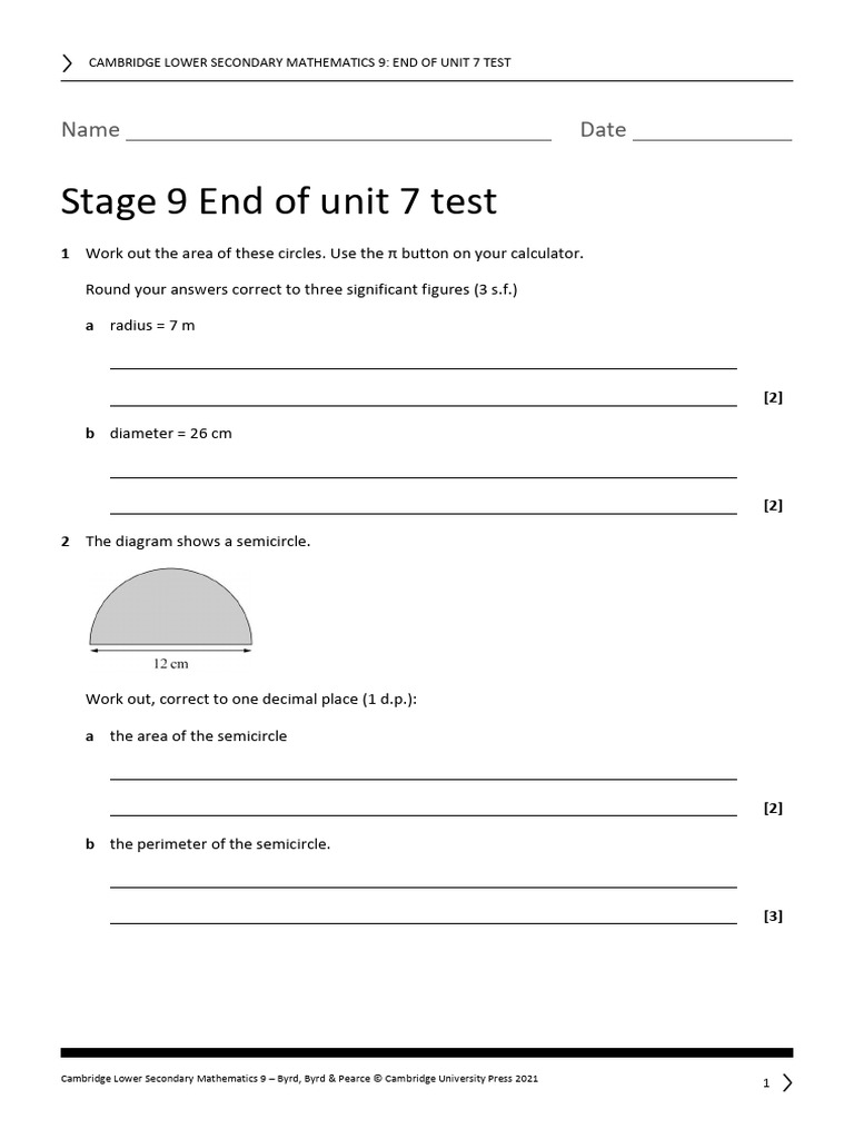 End of Unit 7 Mathematics Test | PDF | Litre | Area