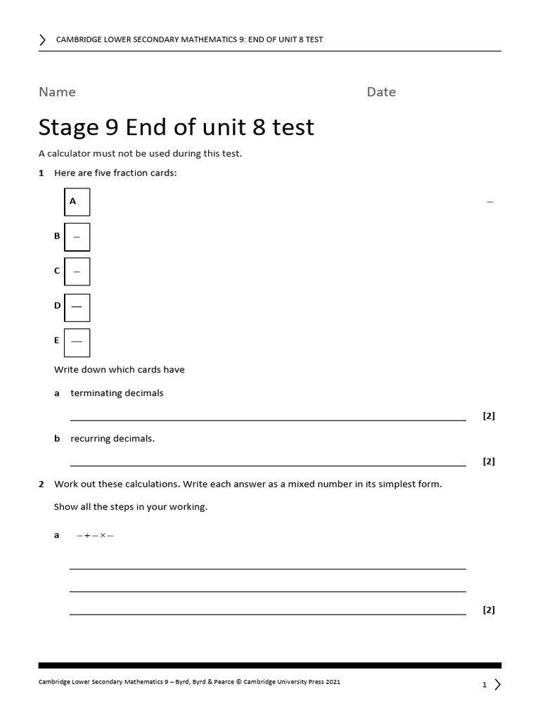 Stage 9 End of Unit 8 Test | PDF | Multiplication | Mathematical Notation