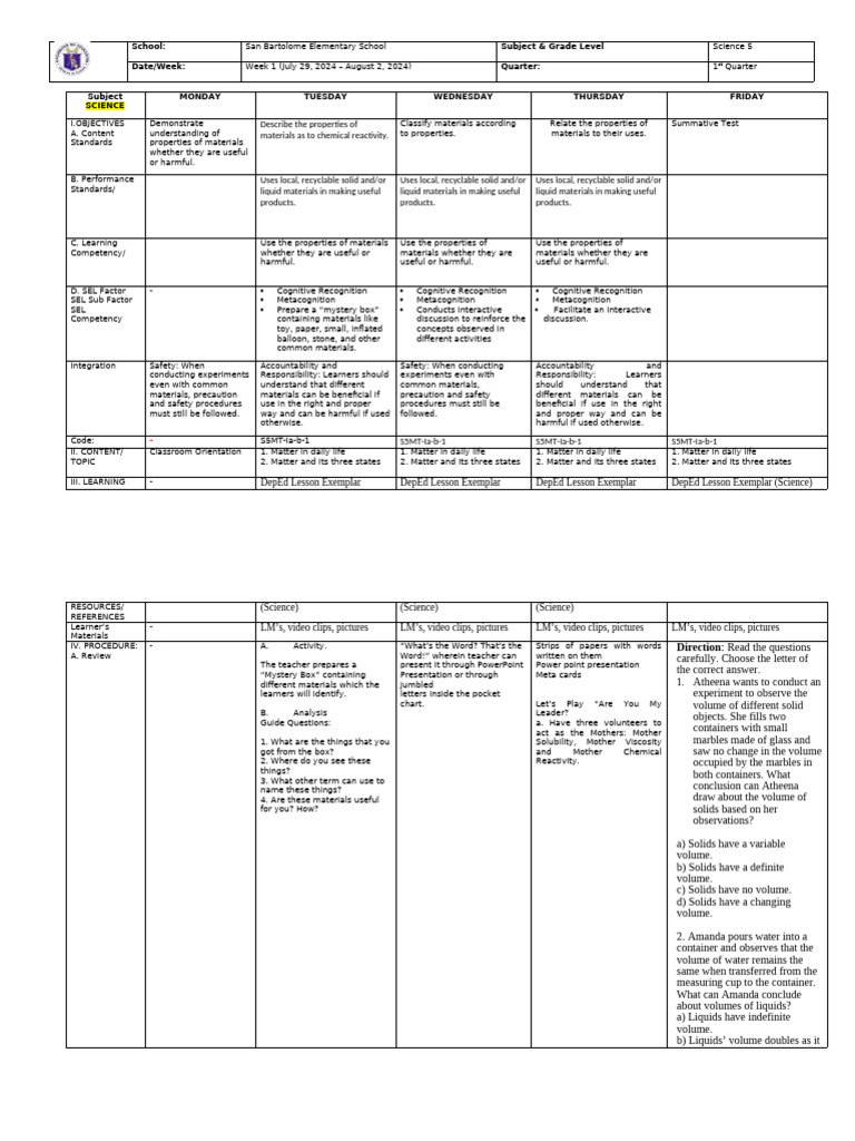 Science DLL Q1 W1 | PDF | Matter | Balloon