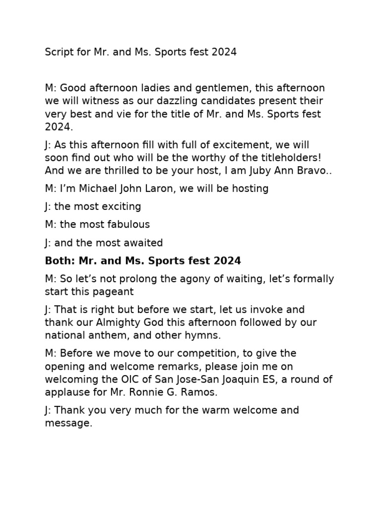 Mr. and Ms. Sports Fest 2024 Script | PDF