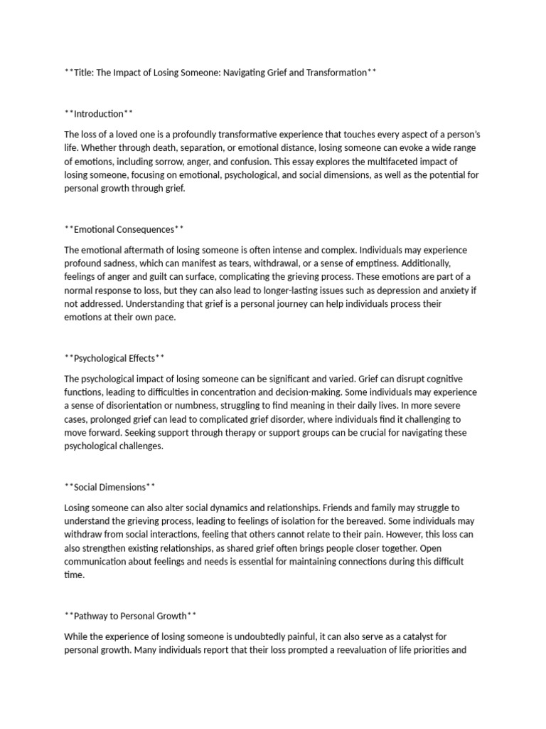 The Impact of Losing Someone Navigating Grief and Transformation | PDF ...