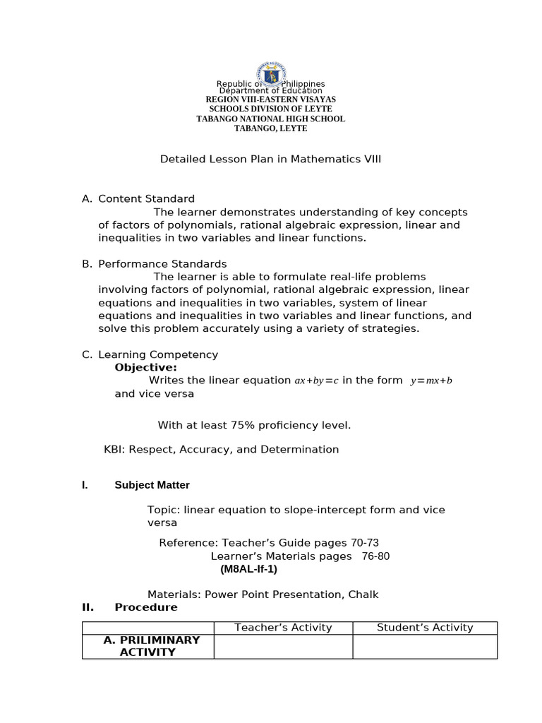 Detailed Lesson Plan in Mathematics VIII | PDF | Equations | Variable ... Detailed Lesson Plan in Mathematics VIII | PDF | Equations | Variable ...