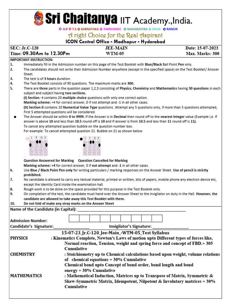 15-07-23 - Jr.C-120 - Jee-Main - WTM-05 - QUESTION PAPER | PDF | Force ...