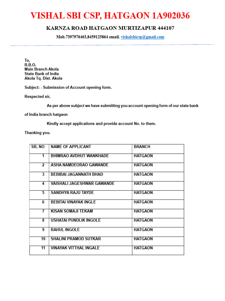 Vishal Sbi CSP, Hatgaon 1A902036: Karnza Road Hatgaon Murtizapur 444107 ...