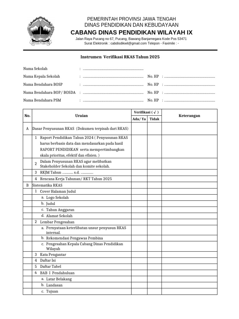 Instrumen Verifikasi RKAS 2025 Cabdin IX | PDF