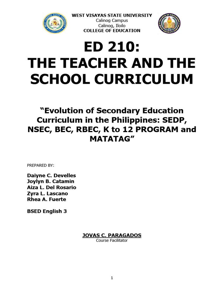 (TERM PAPER) Evolution of Secondary Education Curriculum in The Philippines SEDP, NSEC, BEC ...
