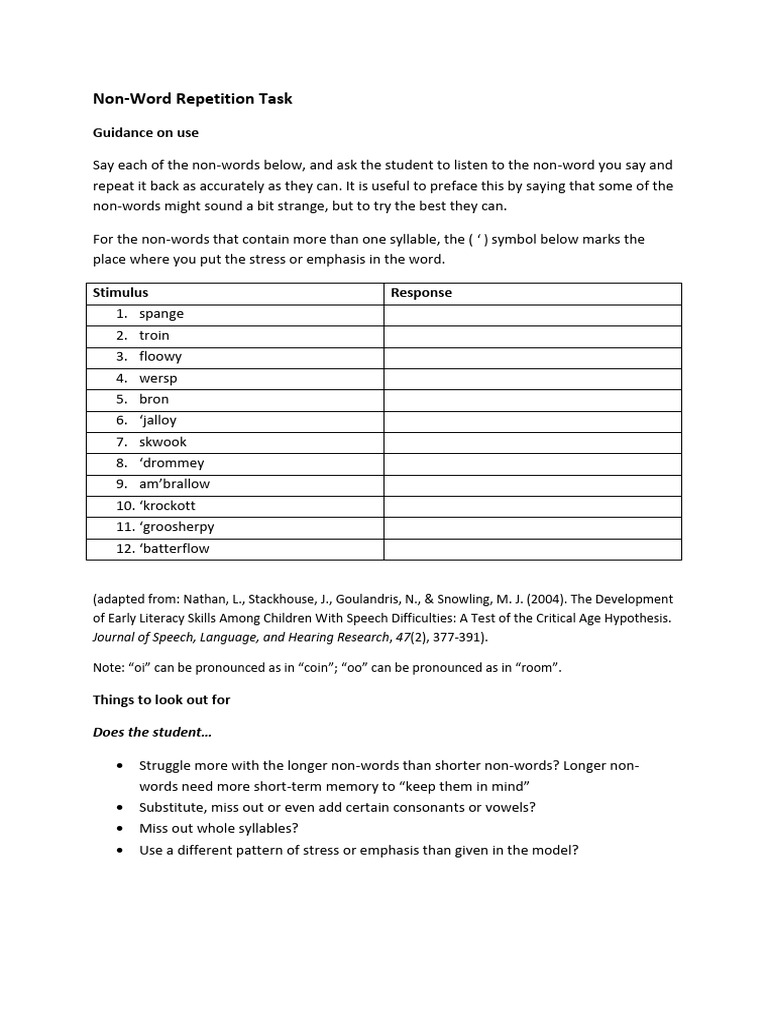 Nonword Repetition Version 2 | PDF