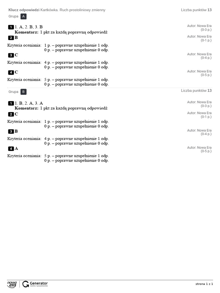 Kartkówka. Ruch Prostoliniowy Zmienny Klucz Odpowiedzi | PDF