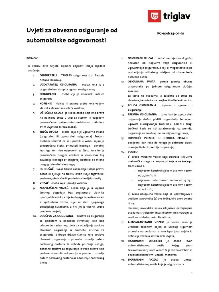 Uvjeti Za Obvezno Osiguranje Od Automobilske odgovornosti-PG-aod-24-03-hr | PDF
