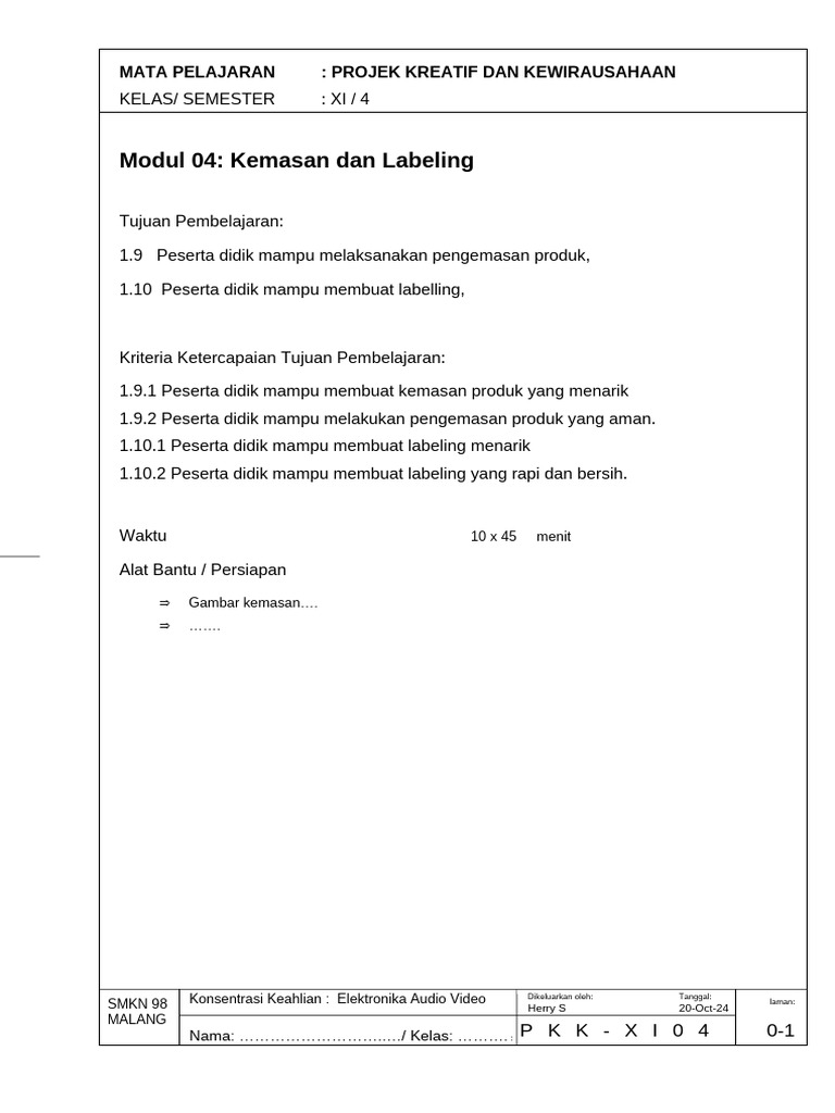 04 Contoh Modul Ajar - PKK Pengemasan Dan Labeling | PDF | Seni | Komputer
