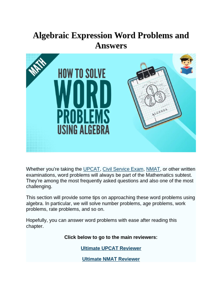 Algebraic Expression Word Problems and Answers | PDF | Numbers ...
