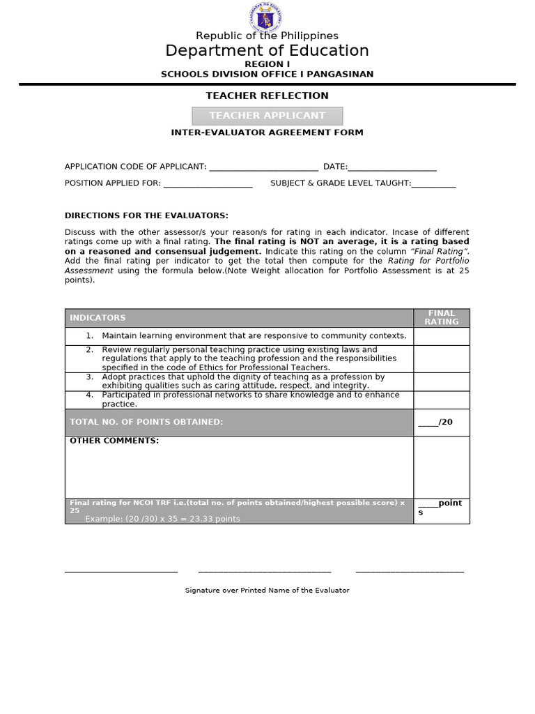 Teacher Reflection Inter Evaluator Agreement Form 1 | PDF