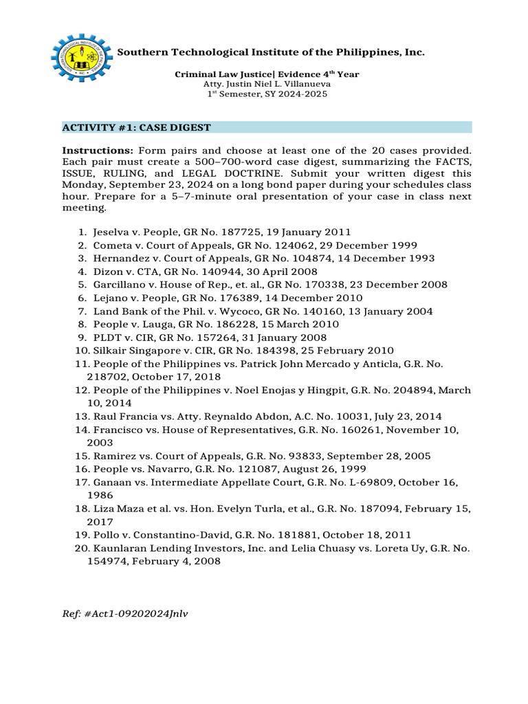 Activity 1 - CLJ Evidence | PDF | Law