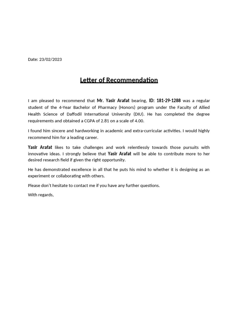 Recommendation for Yasir Arafat, Pharmacy Graduate | PDF | Career ...