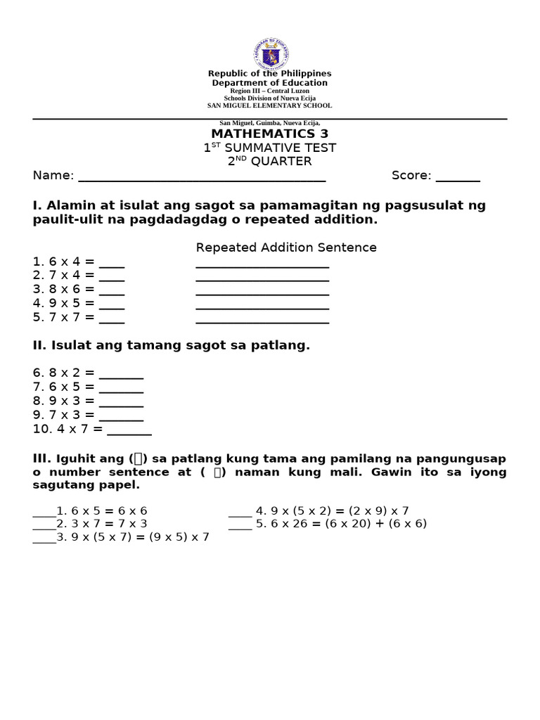 Math3 ST1 Q2 | PDF