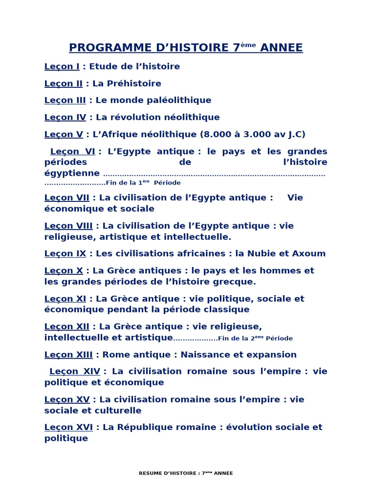 Programme d'Histoire 7ème Année | PDF | Égypte antique | Rome antique