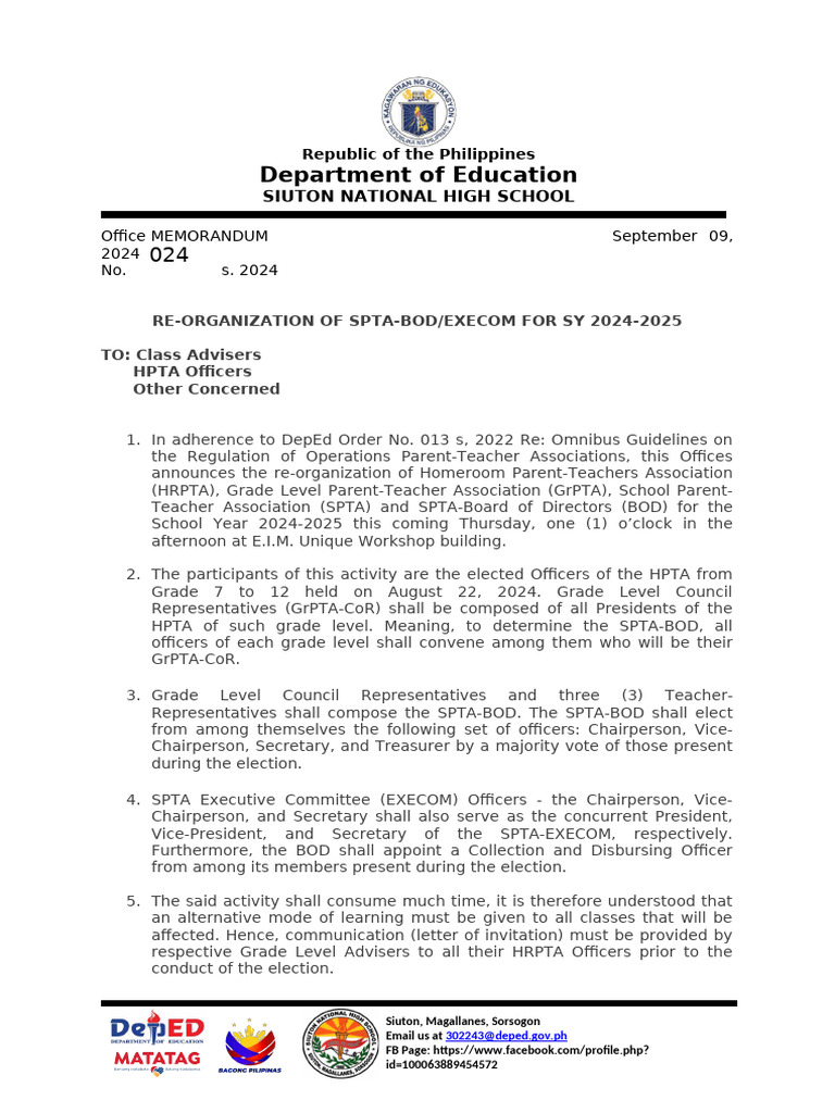 Office Memorandum 024 2024 Re Organization of Spta for Sy 2024 2025 | PDF | Government ...