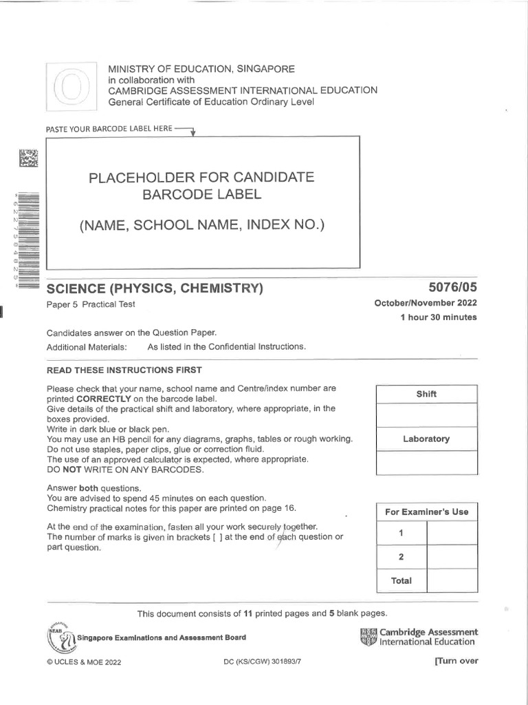 2022 O Levels SciPhy Paper 5 (PhyChem) | PDF
