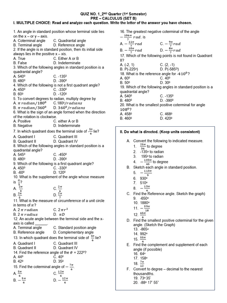 Quiz No.1 Pre Calculus 2nd QRTRB | PDF | Angle | Cartesian Coordinate ...
