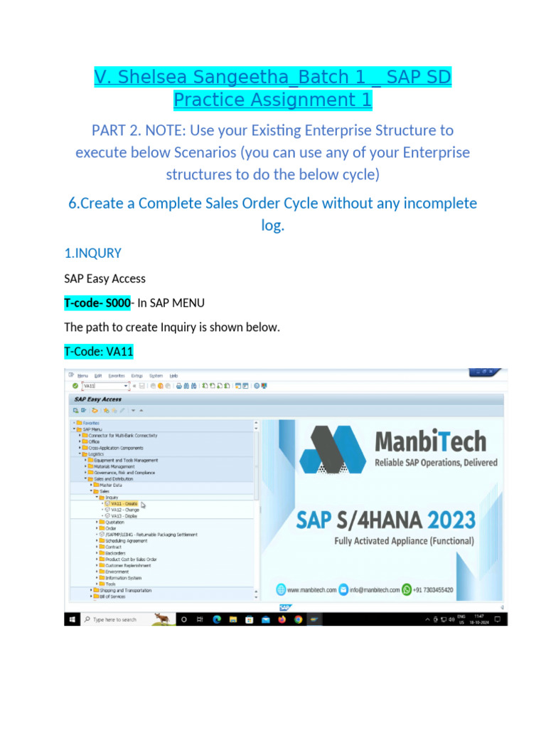V. Shelsea Sangeetha_Batch 1 _ SAP SD Practice Assignment 2 | PDF | Computing