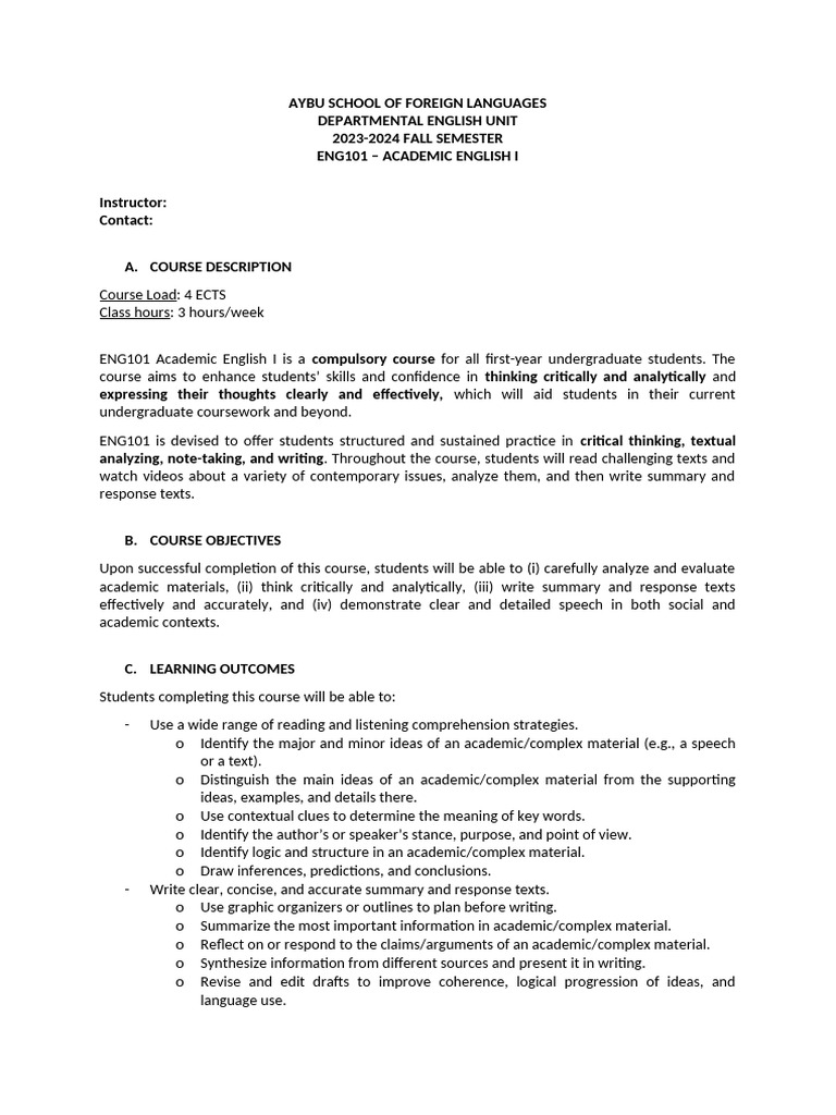 ENG101 - COURSE OVERVIEW | PDF | Critical Thinking | Thought