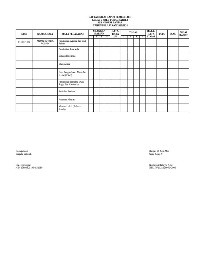 Blangko Daftar Nilai | PDF