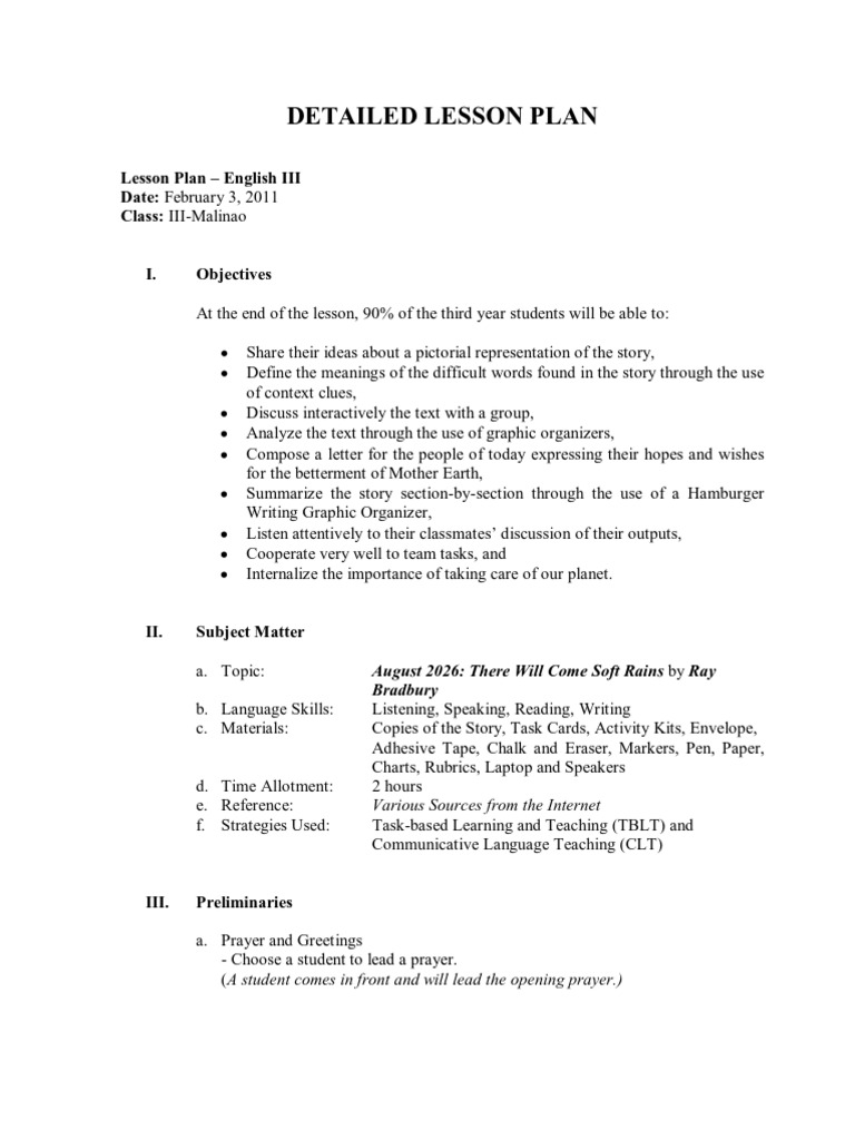 Lesson Plans for "There Will Come Soft Rains" | PDF | Lesson Plan ...