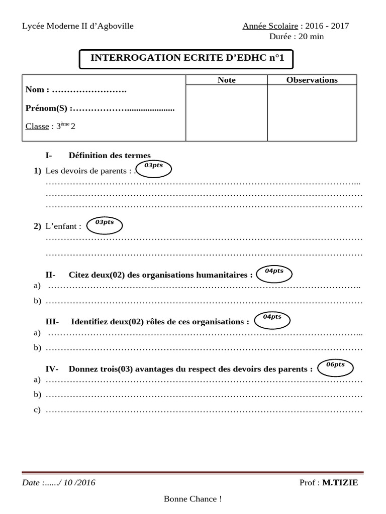 Interrogation d'EDHC N°1 | PDF