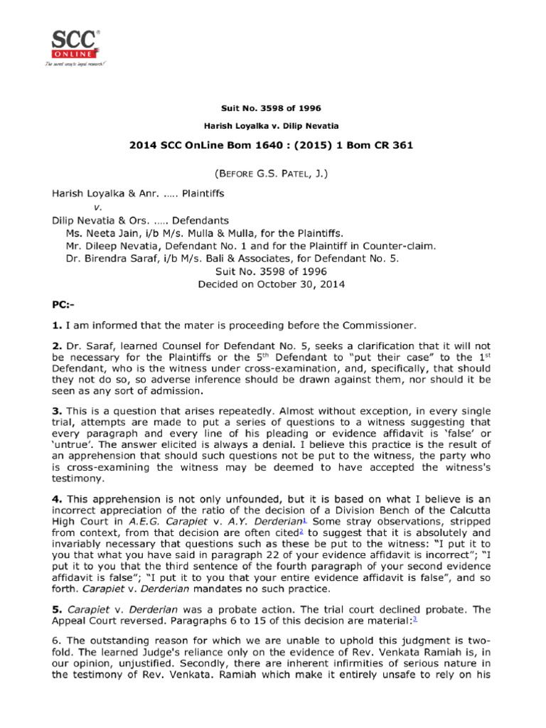 Harish Loyalka v. Dilip Nevatia (Cross-Exam) (BHC) | PDF