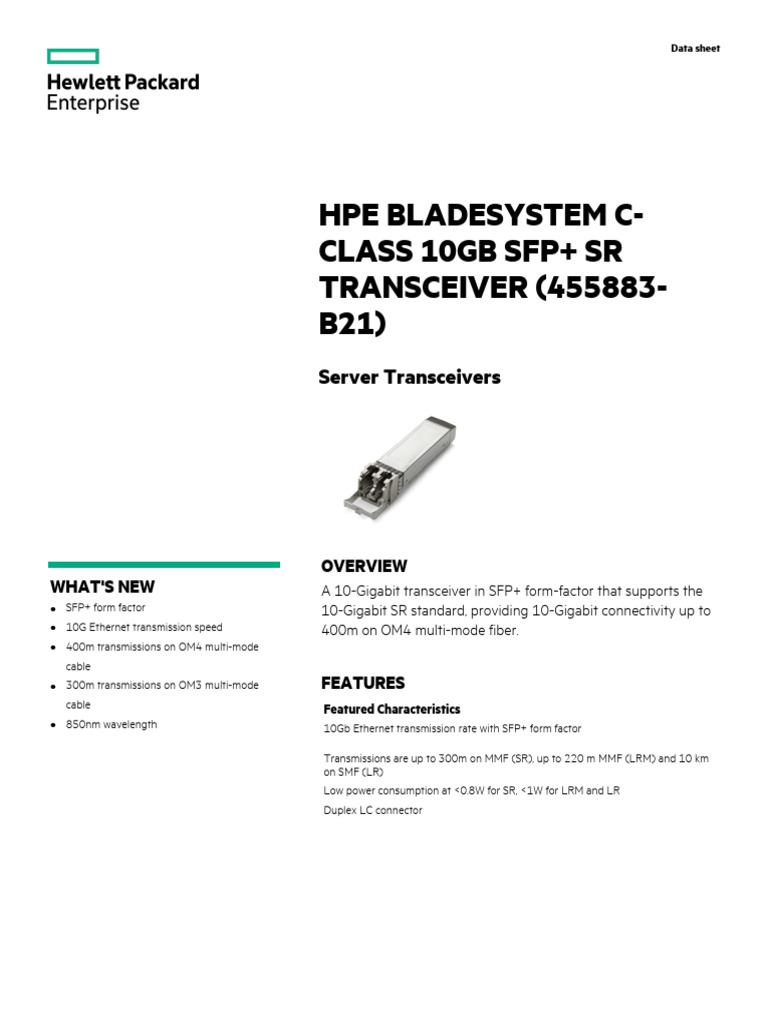 HPE BladeSystem c-Class 10Gb SFP+ SR Transceiver-PSN3837815USEN | PDF ...