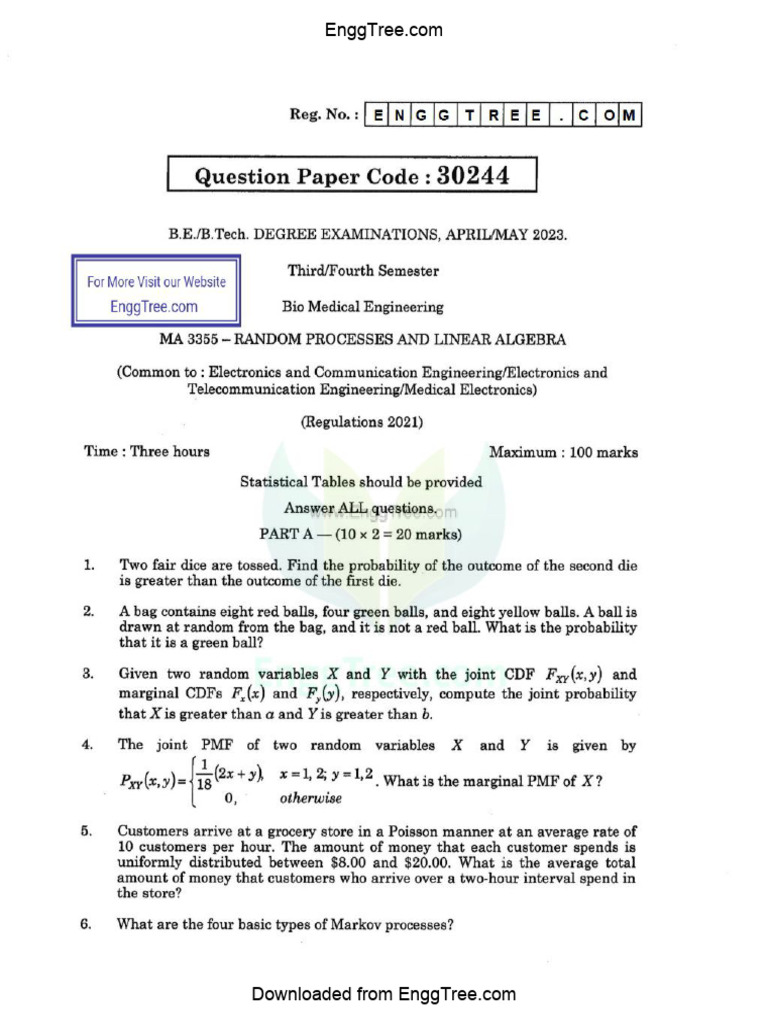 MA3355 Random Processes and Linear Algebra Apr May 2023 Question Paper ...