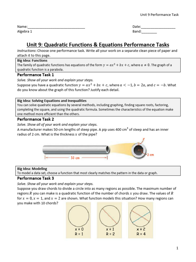 alg1_unit_9_performance_task | PDF | Quadratic Equation | Mathematics