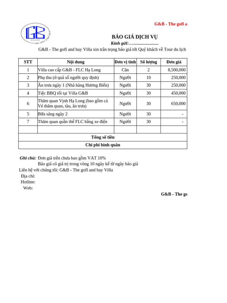 G&B Bao Gia Tour Du Lich 2N1D Ha Long - Thai Nguyen (Suy) | PDF