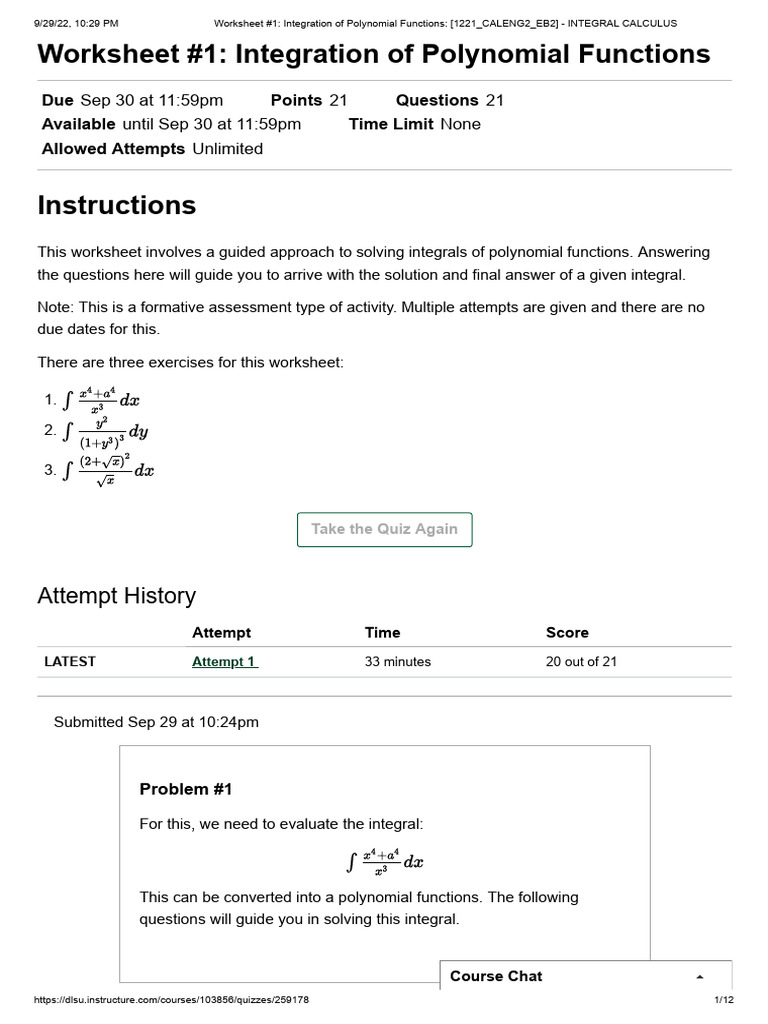 Worksheet #1_ Integration of Polynomial Functions_ [1221_CALENG2_EB2] - InTEGRAL CALCULUS | PDF ...