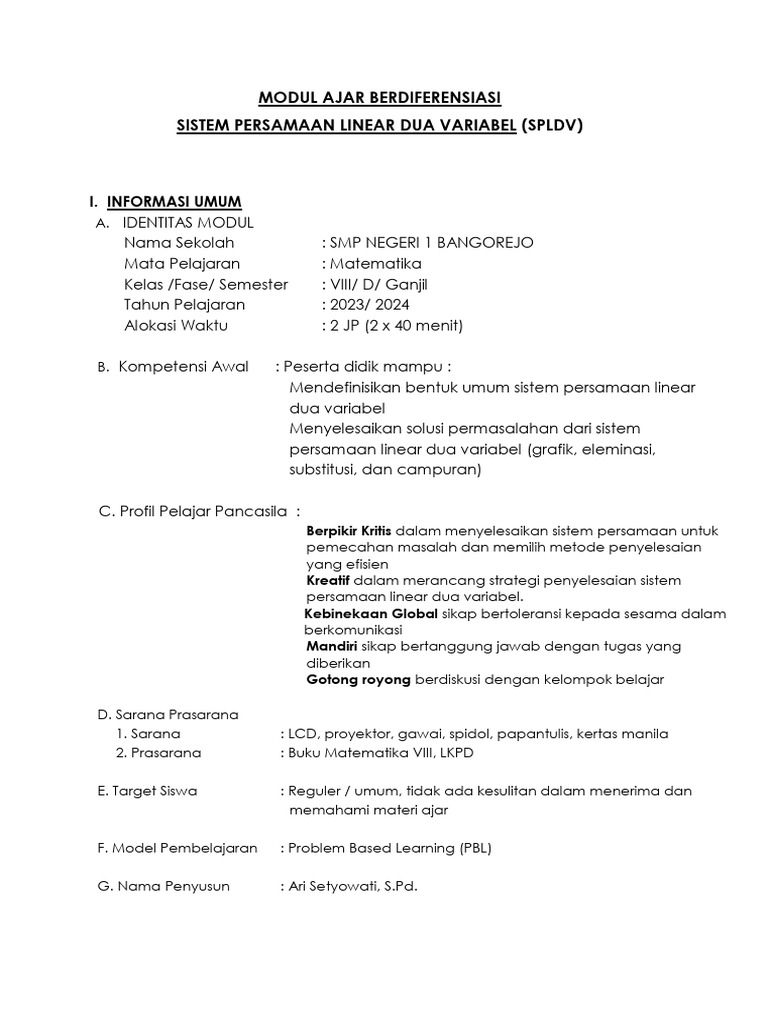 Modul Ajar SPLDV untuk SMP Kelas VIII | PDF | Karier & Perkembangan